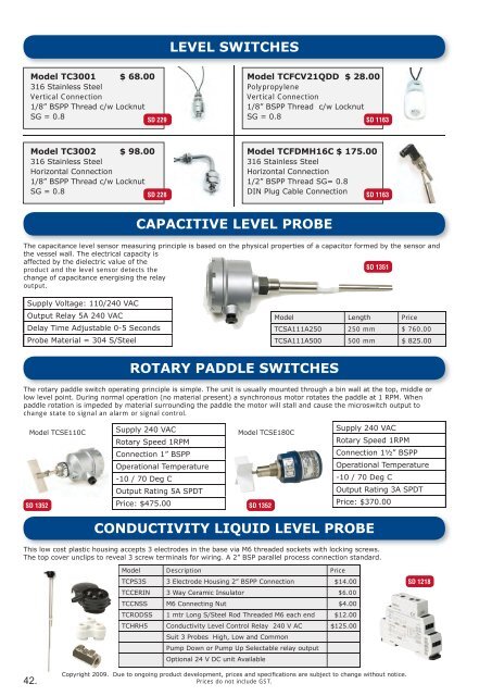 Liquid Level Switches, Rotary Paddle switches, Conductivity relay