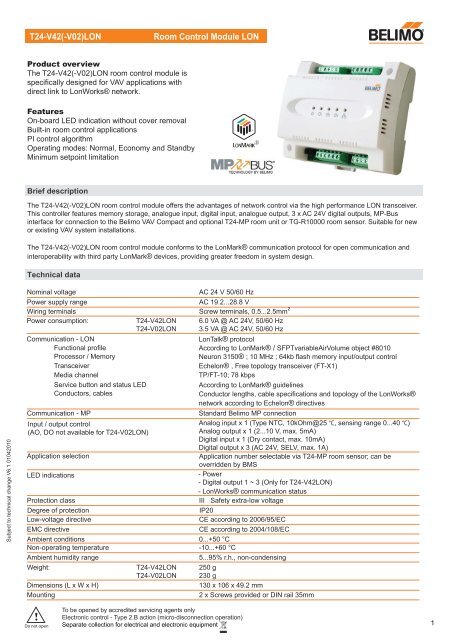T24-V42(-V02)LON Room Control Module LON