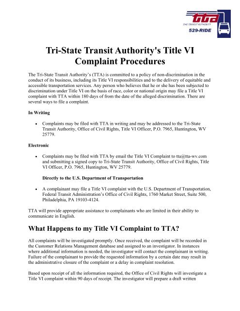 Tri-State Transit Authority's Title VI Complaint Procedures