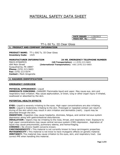 MSDS TT-L-50 Type III Clear Gloss - Mach-Dynamics
