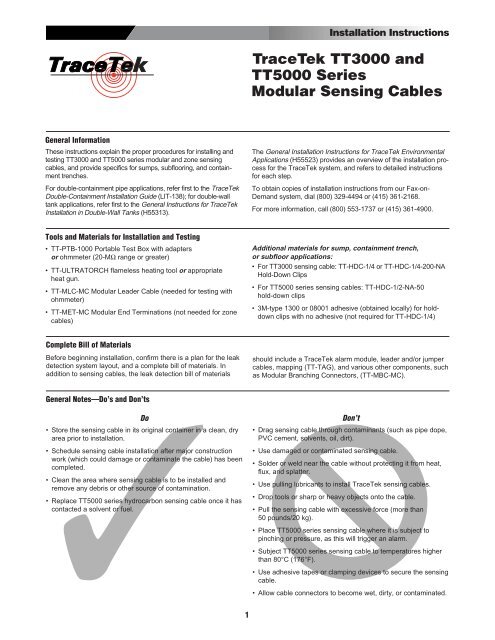 TraceTek TT3000 and TT5000 Series Modular Sensing Cables