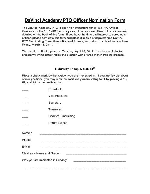 DaVinci Academy PTO Officer Nomination Form