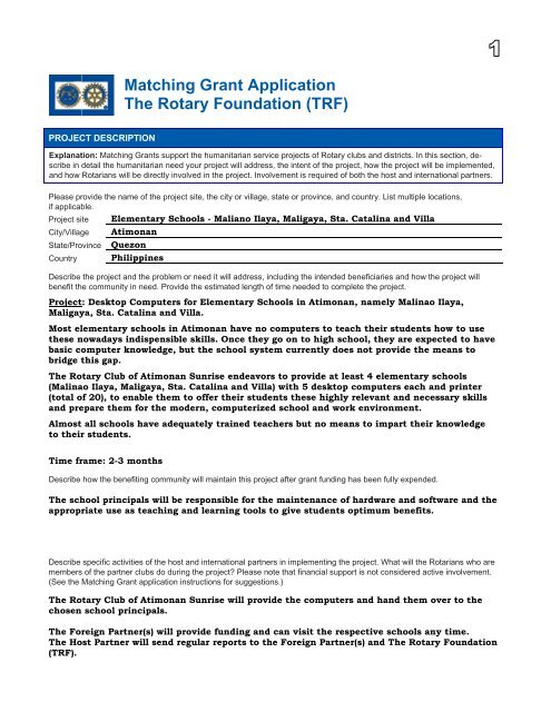 Matching Grant Application The Rotary Foundation (TRF)