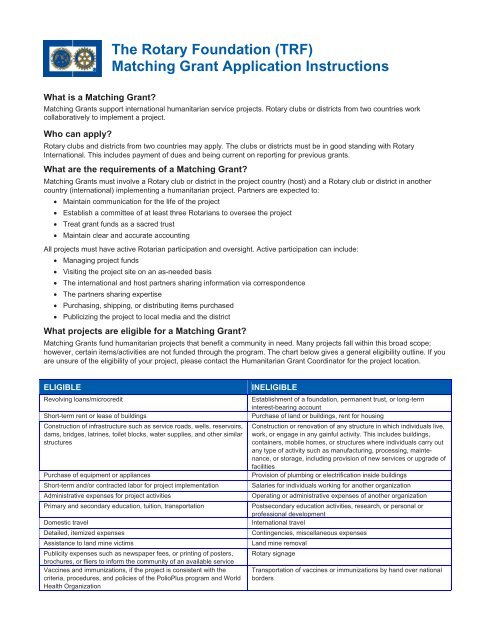 The Rotary Foundation (TRF) Matching Grant Application Instructions
