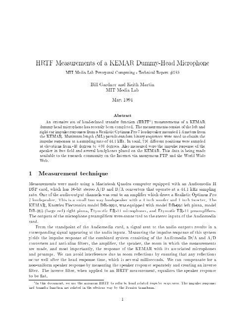 HRTF Measurements of a KEMAR Dummy-Head Microphone 1 ...