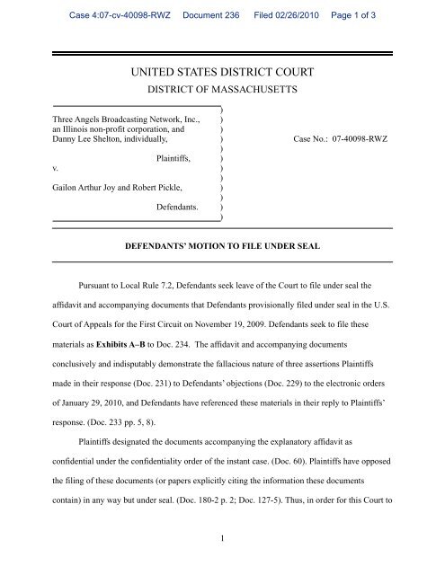 Defendants' Motion to File Under Seal - 3ABN v. Joy