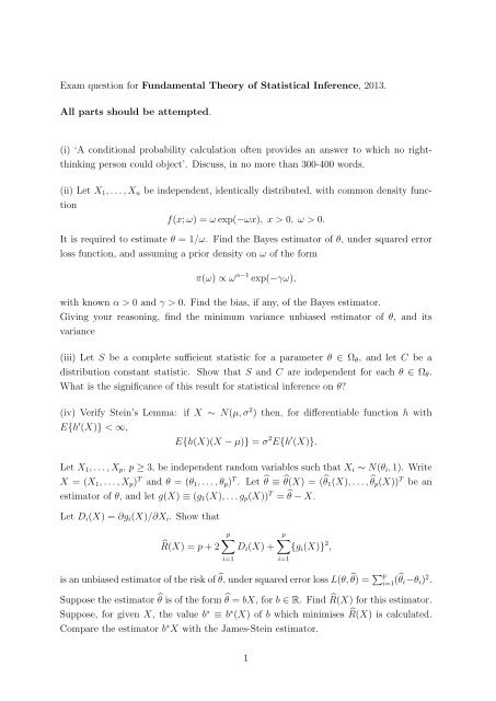 Exam question for Fundamental Theory of Statistical Inference, 2013 ...