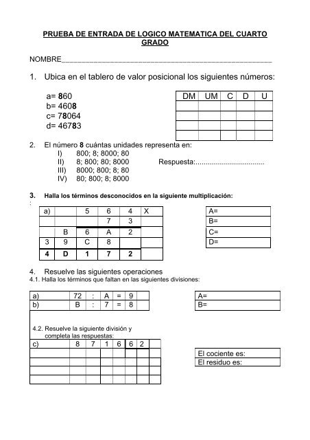 Prueba De Valor Posicional Hojas De Trabajo De Valor Posicional:
