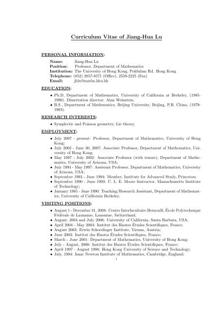 Curriculum Vitae of Jiang-Hua Lu - The University of Hong Kong