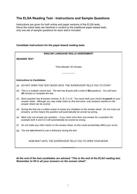 The ELSA Reading Test Instructions And Sample Questions
