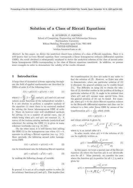 Solution of a Class of Riccati Equations - Northumbria University