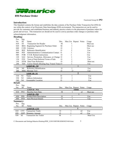 EDI 850 Purchase Order - Maurice Sporting Goods
