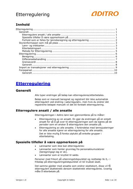 Etterregulering - Kundesider - Aditro