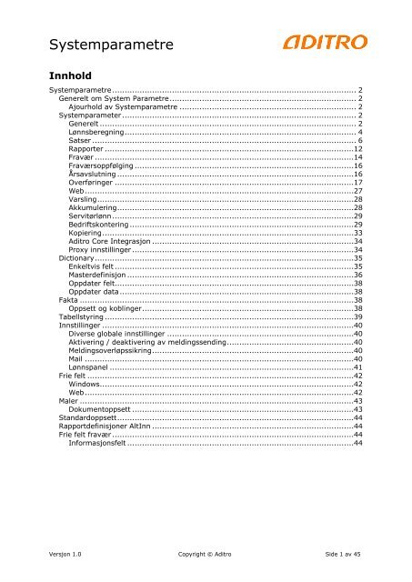 Systemparametre - Kundesider - Aditro