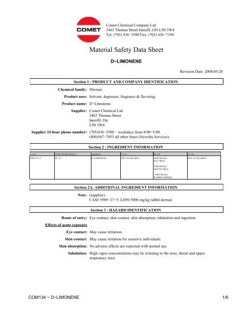 Material Safety Data Sheet - Comet Chemical Company Ltd.