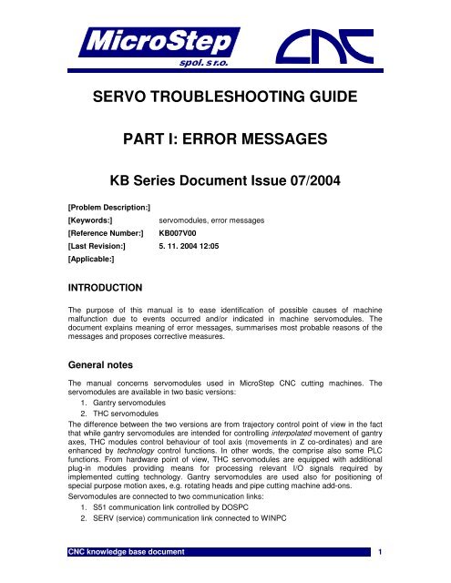 SERVO TROUBLESHOOTING GUIDE PART I: ERROR MESSAGES