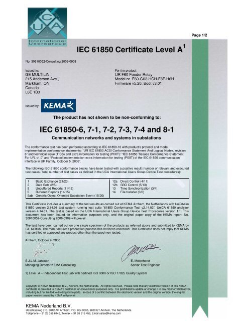 IEC 61850 Certificate Level A IEC 61850-6, 7-1, 7-2, 7-3, 7 ... - Testing
