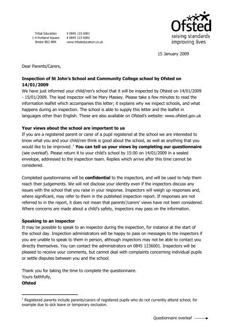 Letter to parents from Ofsted - St John's School and Community ...