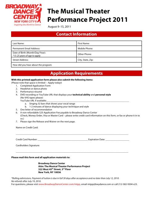 Completed Application Form - Broadway Dance Center