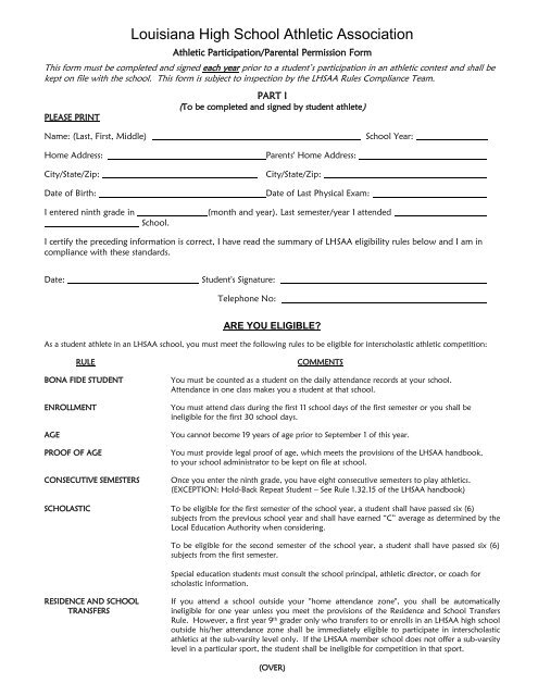 LHSAA Athletic Participation and Permission Form