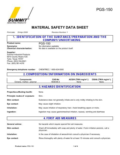 Download Summit PGS-150 Material Safety Data Sheet (MSDS)