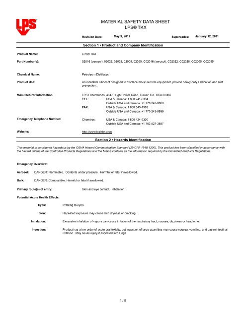 MATERIAL SAFETY DATA SHEET LPS® TKX - MSDS