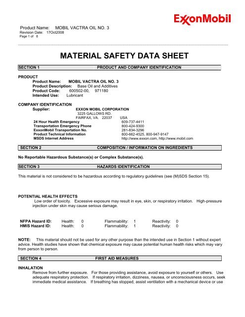Download Mobil Vactra 3 Material Safety Data Sheet (MSDS)