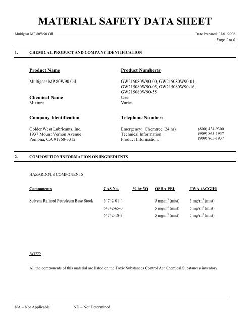 Download Multigear MP Gear Oil Material Safety Data Sheet (MSDS)