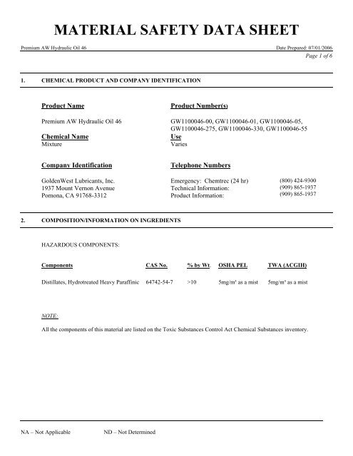 Download Premium AW Hydraulic 46 Material Safety Data Sheet