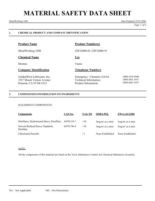 Download GoldenWest Metalworking 3200 Material Safety Data Sheet