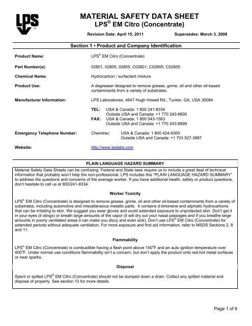 Material Safety Data Sheet (MSDS)
