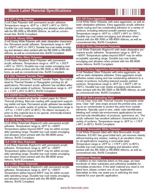 Label Material Specifications - Industrial Labeling Systems