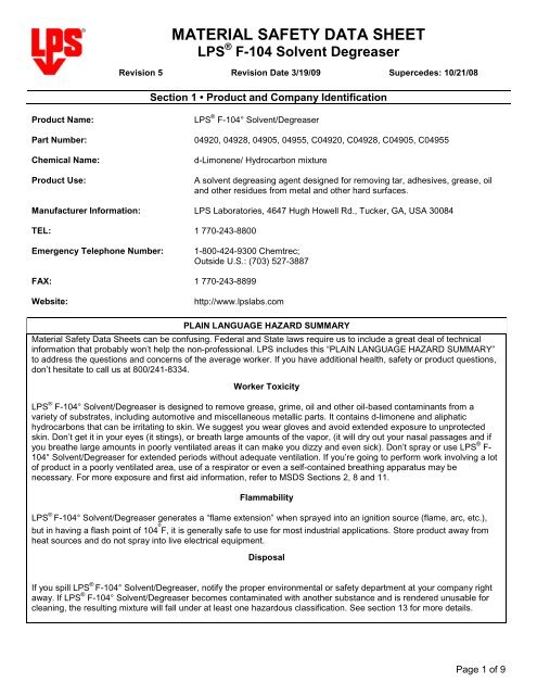 Download F-104° Solvent/Degreaser Material Safety Data Sheet