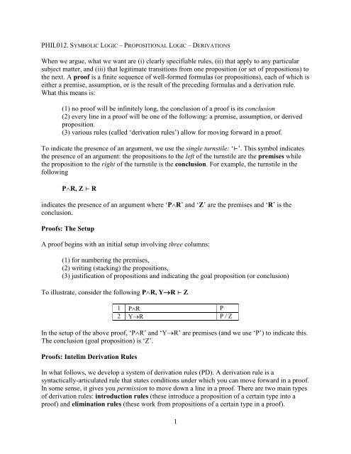 Propositional Logic: Derivations - David W. Agler