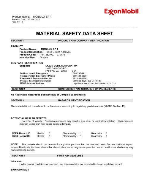 Download Mobilux EP 1 Material Safety Data Sheet (MSDS)