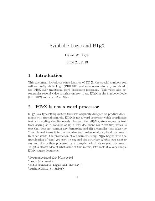 Symbolic Logic and LATEX - David W. Agler