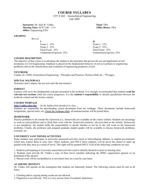 COURSE SYLLABUS - SDSU College of Engineering