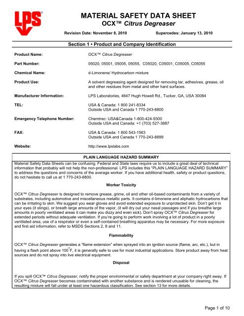 Download OCX Citrus Degreaser Material Safety Data Sheet (MSDS)