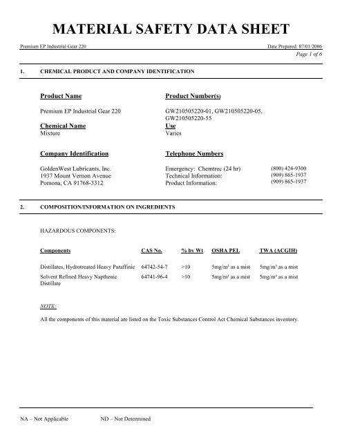 Download Premium EP Industrial Gear Oil 220 Material Safety Data ...
