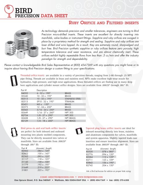 RUBY ORIFICE AND FILTERED INSERTS - Bird Precision