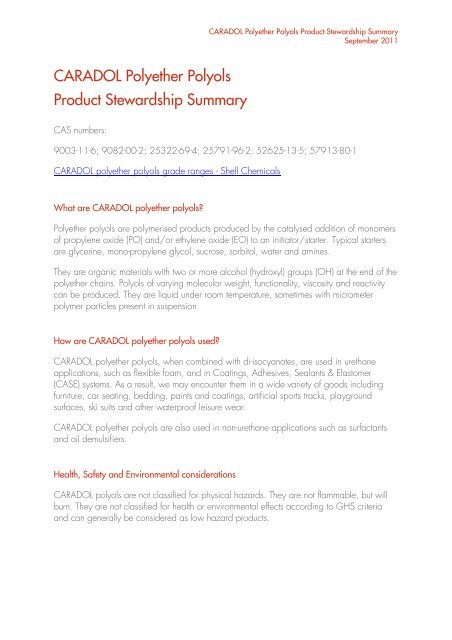CARADOL polyether polyols product stewardship summary