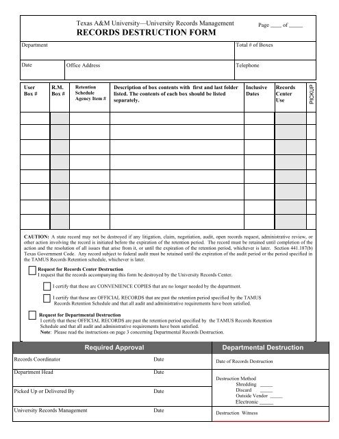 Records Destruction Form - Texas A&M University Libraries
