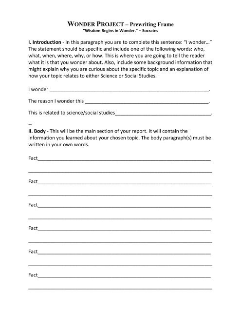 WONDER PROJECT â Prewriting Frame I. Introduction - In this ...