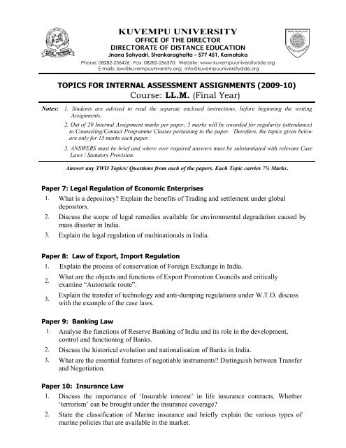 KUVEMPU UNIVERSITY Course: LL.M. (Final Year)