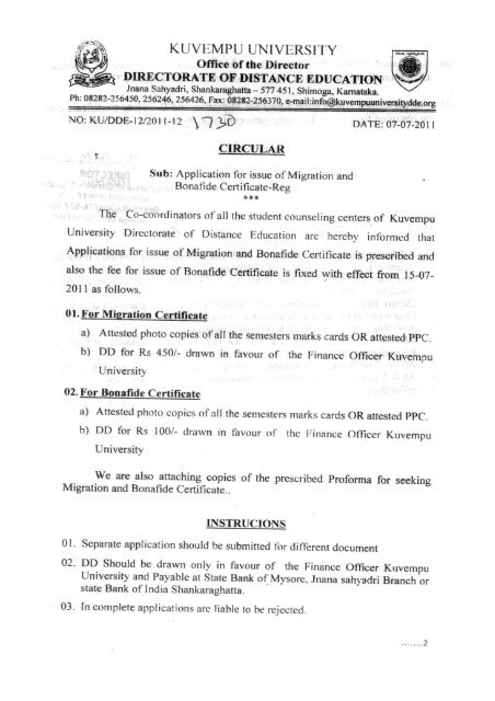 Circular for applying Bonafide & Migration Certificate - Kuvempu ... Circular for applying Bonafide & Migration Certificate - Kuvempu ...