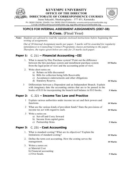 KUVEMPU UNIVERSITY B.Com. (Final Year)