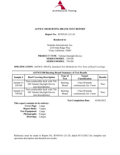 ASTM E 108 BURNING BRAND TEST REPORT Report ... - Solatube
