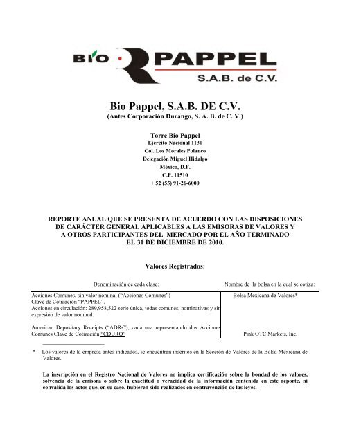 Bio Pappel, S.A.B. DE C.V. - Bolsa Mexicana de Valores