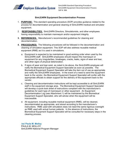 SimLEARN Equipment Decontamination Process