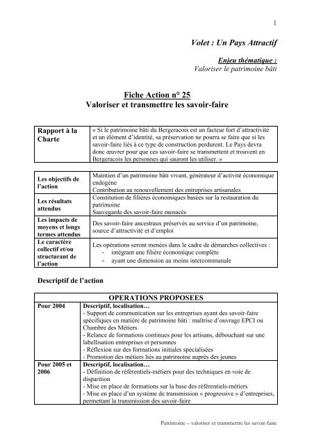 Fiche Action nÂ° 25 Valoriser et transmettre les ... - Pays de Bergerac